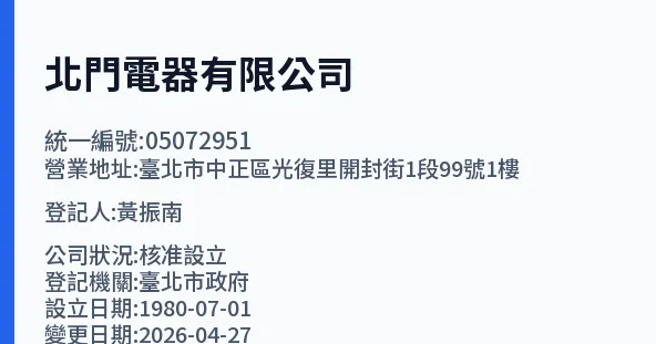 北門電器有限公司的照片-統編 05072951(臺北市) 公司登記資料與營業項目詳細圖表