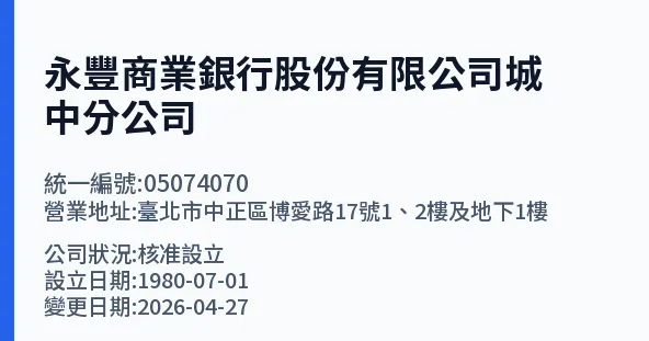 永豐商業銀行股份有限公司城中分公司的照片-統編 05074070(臺北市) 公司登記資料與營業項目詳細圖表