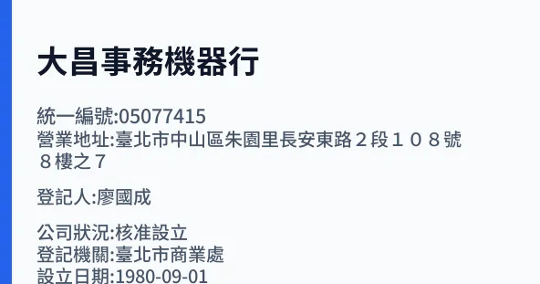 大昌事務機器行的照片-統編 05077415(臺北市) 公司登記資料與營業項目詳細圖表