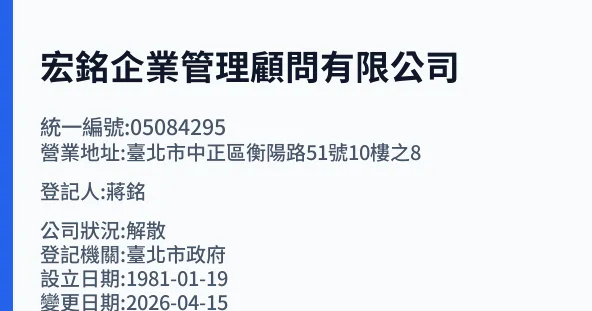 宏銘企業管理顧問有限公司的照片-統編 05084295(臺北市) 公司登記資料與營業項目詳細圖表