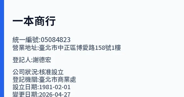一本商行的照片-統編 05084823(臺北市) 公司登記資料與營業項目詳細圖表