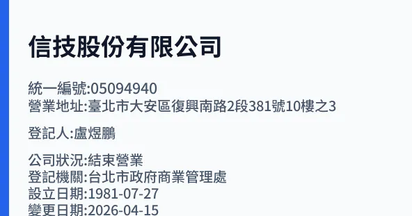 信技股份有限公司的照片-統編 05094940(臺北市) 公司登記資料與營業項目詳細圖表