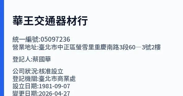 華王交通器材行的照片-統編 05097236(臺北市) 公司登記資料與營業項目詳細圖表