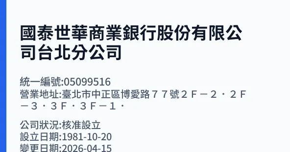 國泰世華商業銀行股份有限公司台北分公司的照片-統編 05099516(臺北市) 公司登記資料與營業項目詳細圖表