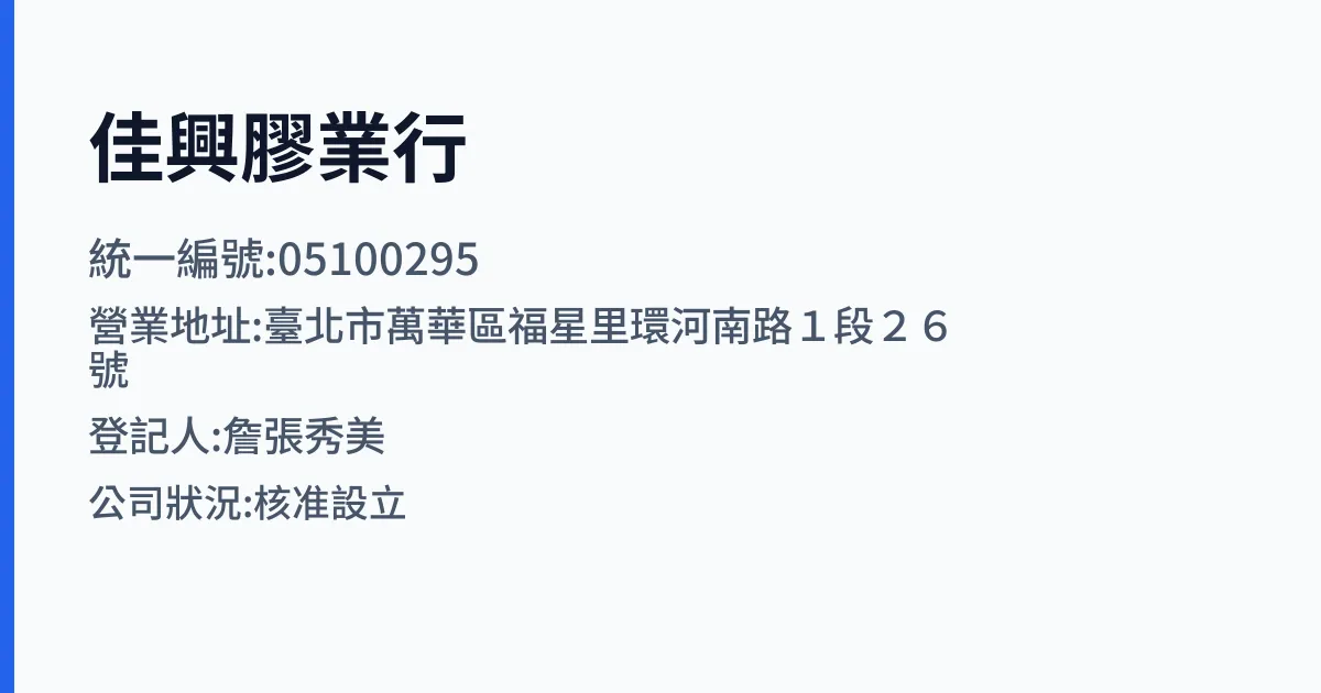佳興膠業行 - 統編 05100295(臺北市) 公司登記資料與營業項目詳細圖表