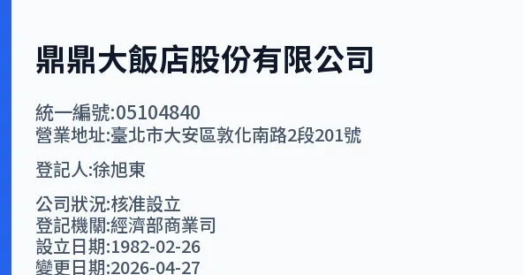鼎鼎大飯店股份有限公司的照片-統編 05104840(臺北市) 公司登記資料與營業項目詳細圖表