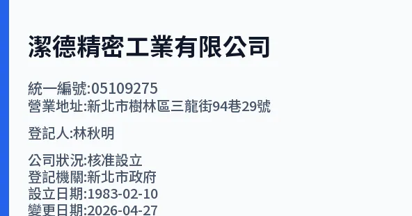 潔德精密工業有限公司的照片-統編 05109275(新北市) 公司登記資料與營業項目詳細圖表