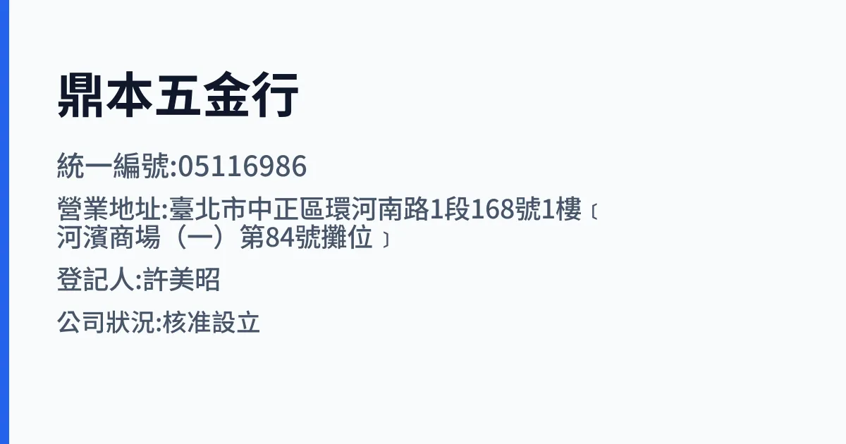 鼎本五金行 - 統編 05116986(臺北市) 公司登記資料與營業項目詳細圖表