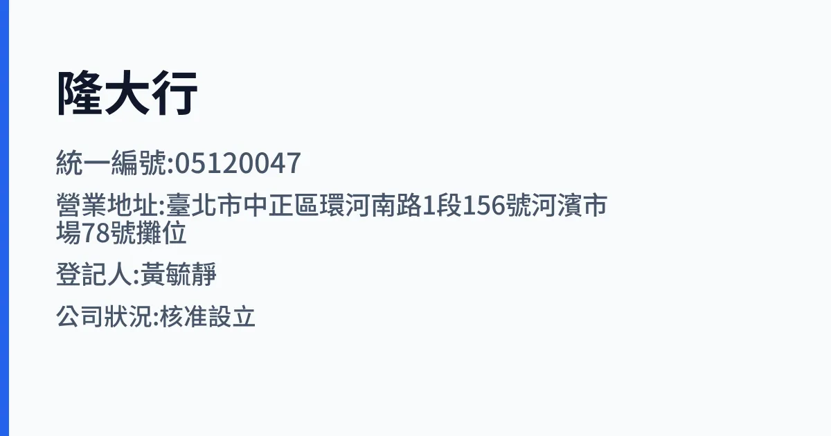 隆大行 - 統編 05120047(臺北市) 公司登記資料與營業項目詳細圖表