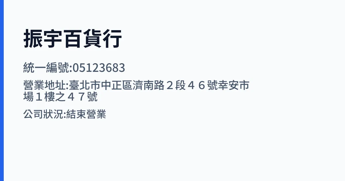 振宇百貨行 - 統編 05123683(臺北市) 公司登記資料與營業項目詳細圖表
