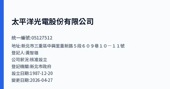 太平洋光電股份有限公司的照片-統編 05127512(新北市) 公司登記資料與營業項目詳細圖表