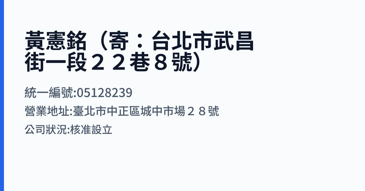 黃憲銘(寄:台北市武昌街一段22巷8號) - 統編 05128239(臺北市) 公司登記資料與營業項目詳細圖表