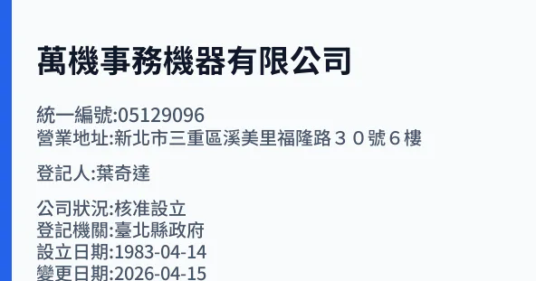 萬機事務機器有限公司的照片-統編 05129096(新北市) 公司登記資料與營業項目詳細圖表