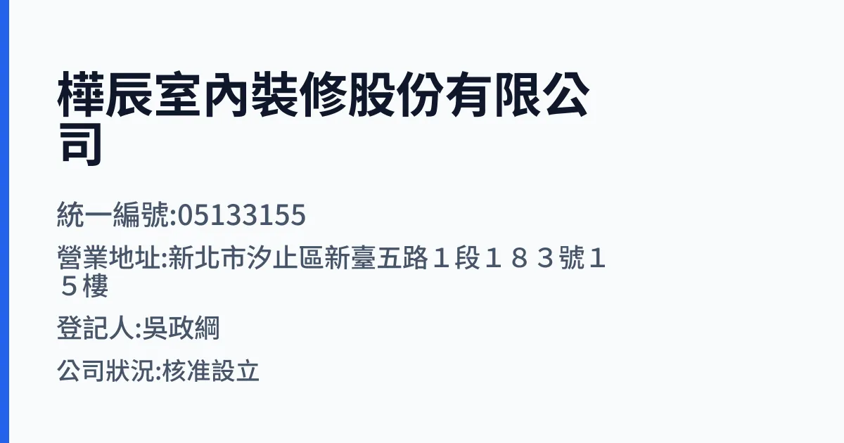 樺辰室內裝修股份有限公司 - 統編 05133155(新北市) 公司登記資料與營業項目詳細圖表