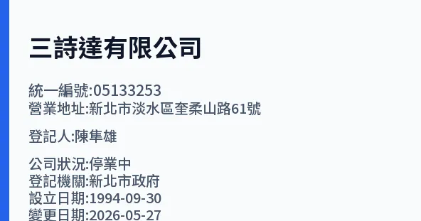 三詩達有限公司的照片-統編 05133253(新北市) 公司登記資料與營業項目詳細圖表