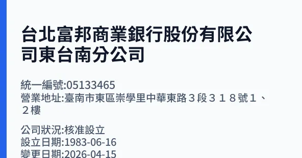 台北富邦商業銀行股份有限公司東台南分公司的照片-統編 05133465(臺南市) 公司登記資料與營業項目詳細圖表