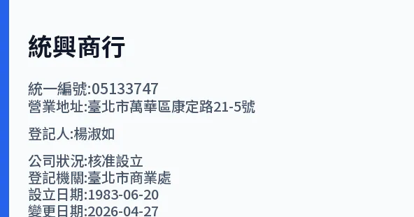 統興商行的照片-統編 05133747(臺北市) 公司登記資料與營業項目詳細圖表