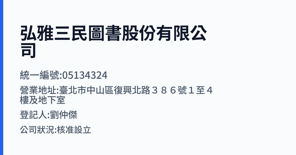 弘雅三民圖書股份有限公司 - 統編 05134324(臺北市) 公司登記資料與營業項目詳細圖表