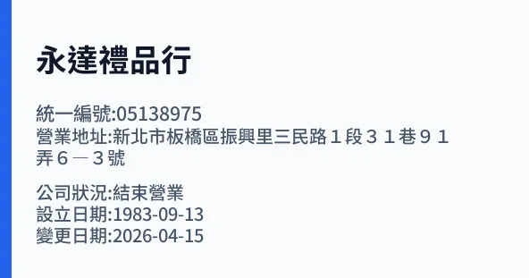 永達禮品行的照片-統編 05138975(新北市) 公司登記資料與營業項目詳細圖表