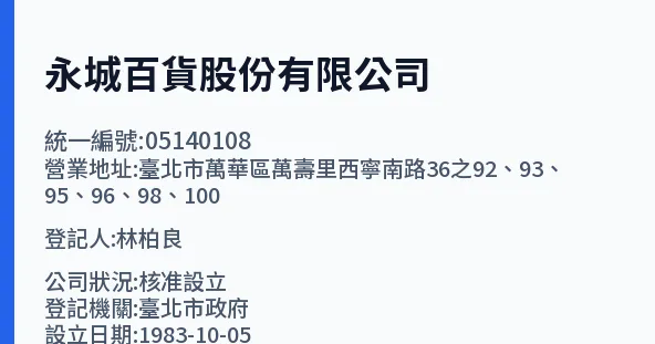 永城百貨股份有限公司的照片-統編 05140108(臺北市) 公司登記資料與營業項目詳細圖表