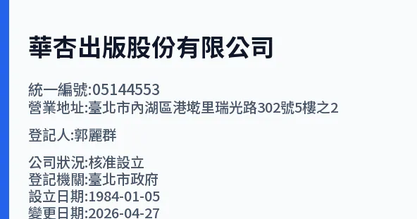 華杏出版股份有限公司的照片-統編 05144553(臺北市) 公司登記資料與營業項目詳細圖表