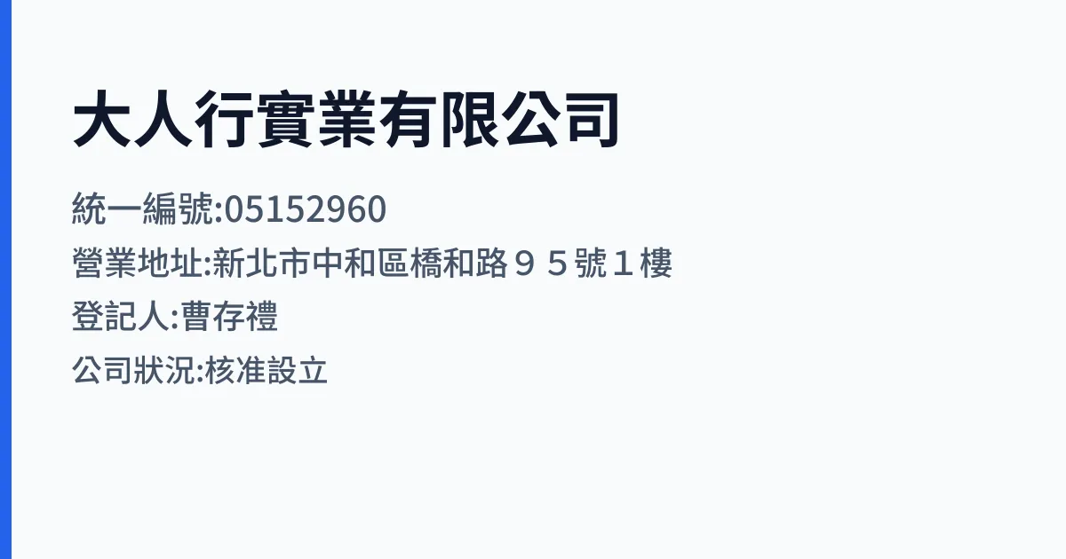 大人行實業有限公司 - 統編 05152960(新北市) 公司登記資料與營業項目詳細圖表