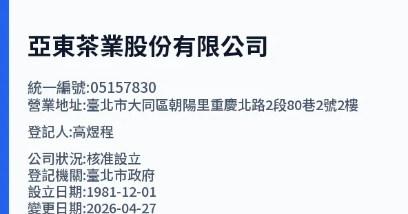 亞東茶業股份有限公司的照片-統編 05157830(臺北市) 公司登記資料與營業項目詳細圖表