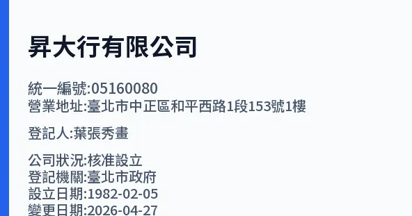 昇大行有限公司的照片-統編 05160080(臺北市) 公司登記資料與營業項目詳細圖表