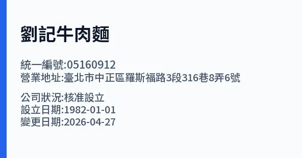 劉記牛肉麵的照片-統編 05160912(臺北市) 公司登記資料與營業項目詳細圖表
