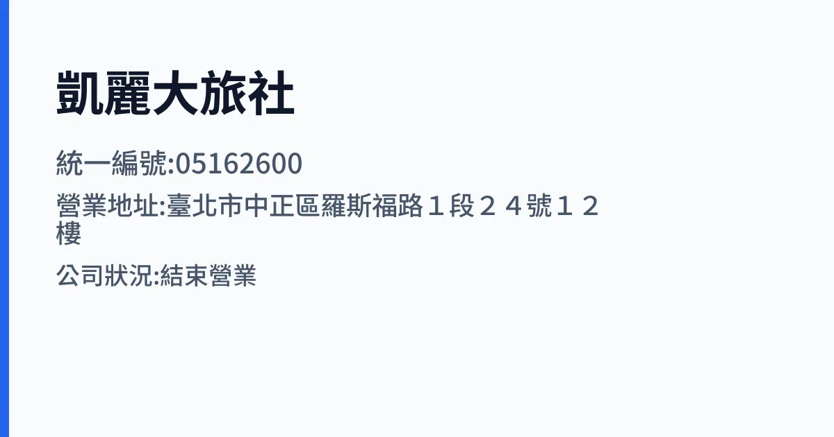 凱麗大旅社 - 統編 05162600(臺北市) 公司登記資料與營業項目詳細圖表