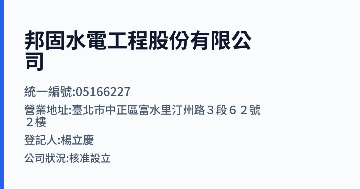 邦固水電工程股份有限公司 - 統編 05166227(臺北市) 公司登記資料與營業項目詳細圖表