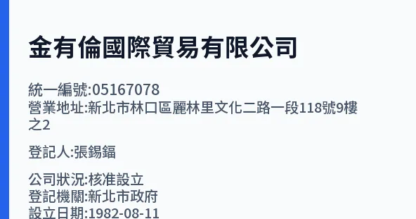 金有倫國際貿易有限公司的照片-統編 05167078(新北市) 公司登記資料與營業項目詳細圖表