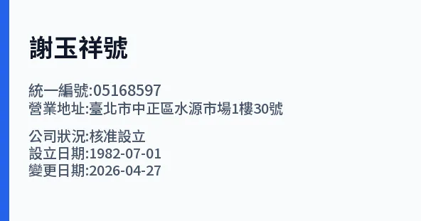謝玉祥號的照片-統編 05168597(臺北市) 公司登記資料與營業項目詳細圖表