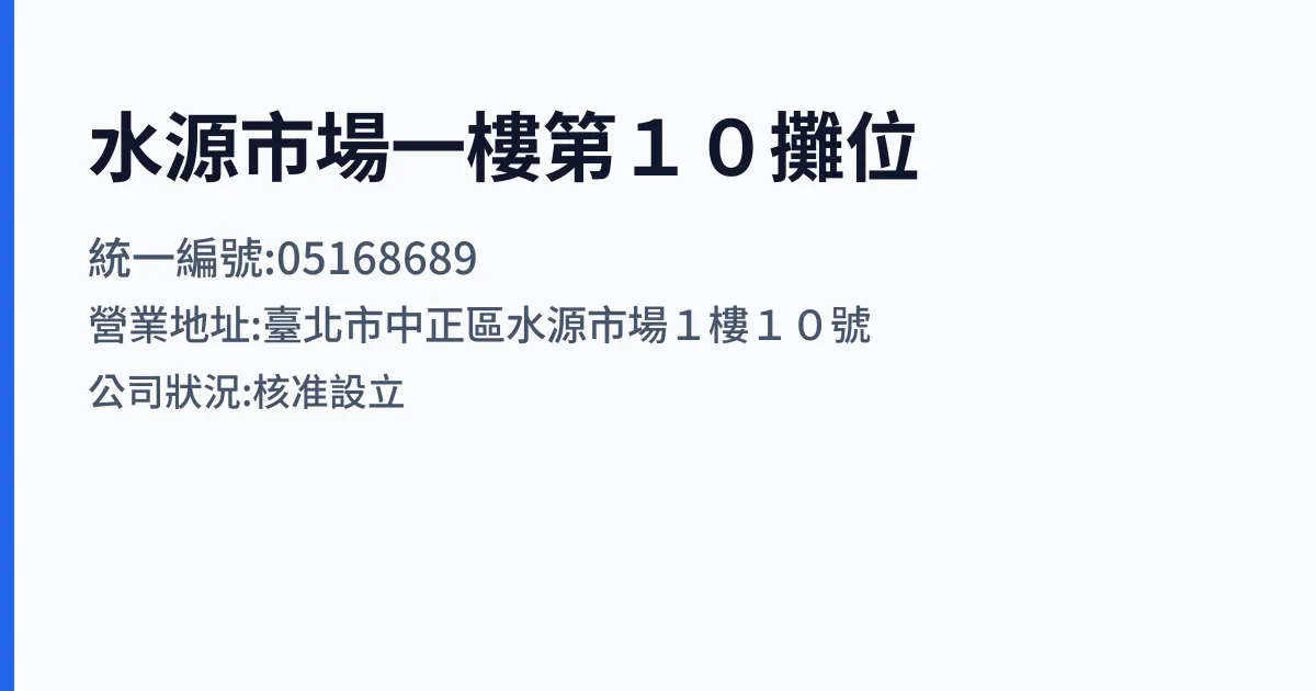 水源市場一樓第１０攤位 - 統編 05168689(臺北市) 公司登記資料與營業項目詳細圖表