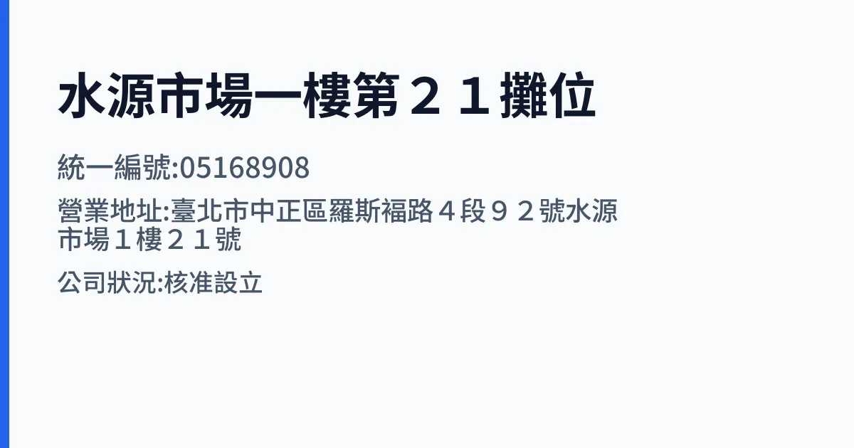 水源市場一樓第21攤位 - 統編 05168908(臺北市) 公司登記資料與營業項目詳細圖表