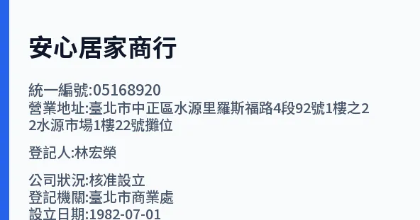 安心居家商行的照片-統編 05168920(臺北市) 公司登記資料與營業項目詳細圖表