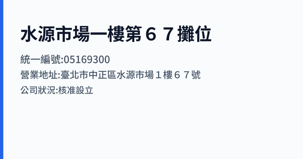 水源市場一樓第６７攤位 - 統編 05169300(臺北市) 公司登記資料與營業項目詳細圖表