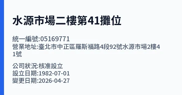 水源市場二樓第41攤位的照片-統編 05169771(臺北市) 公司登記資料與營業項目詳細圖表