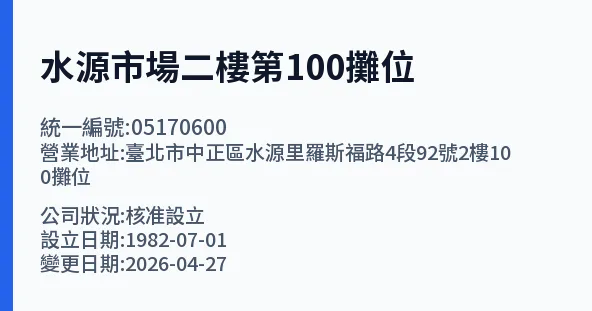 水源市場二樓第100攤位的照片-統編 05170600(臺北市) 公司登記資料與營業項目詳細圖表