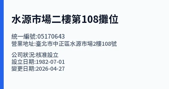 水源市場二樓第108攤位的照片-統編 05170643(臺北市) 公司登記資料與營業項目詳細圖表