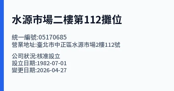 水源市場二樓第112攤位的照片-統編 05170685(臺北市) 公司登記資料與營業項目詳細圖表