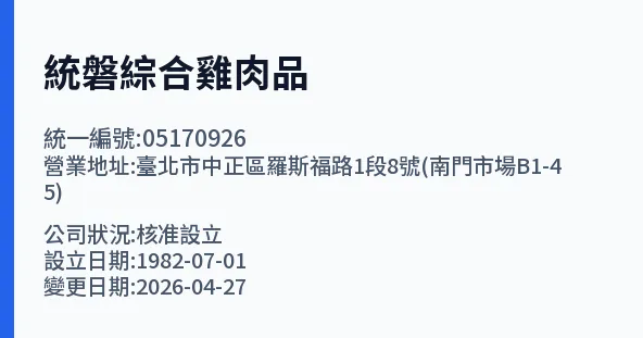 統磐綜合雞肉品的照片-統編 05170926(臺北市) 公司登記資料與營業項目詳細圖表