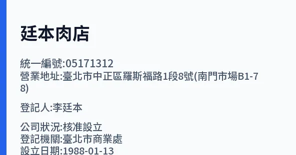 廷本肉店的照片-統編 05171312(臺北市) 公司登記資料與營業項目詳細圖表