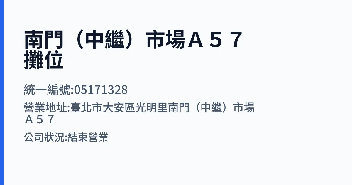 南門(中繼)市場A57攤位 - 統編 05171328(臺北市) 公司登記資料與營業項目詳細圖表