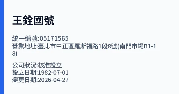 王銓國號的照片-統編 05171565(臺北市) 公司登記資料與營業項目詳細圖表