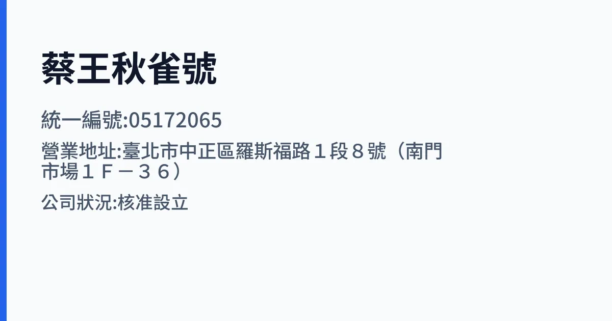 蔡王秋雀號 - 統編 05172065(臺北市) 公司登記資料與營業項目詳細圖表