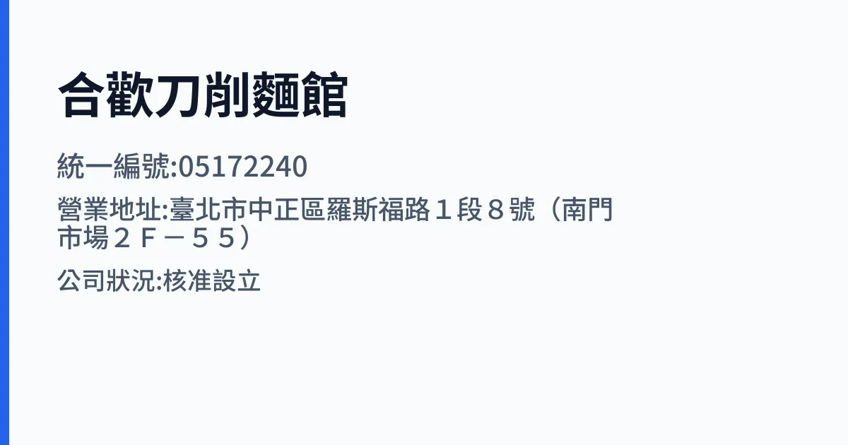 合歡刀削麵館 - 統編 05172240(臺北市) 公司登記資料與營業項目詳細圖表