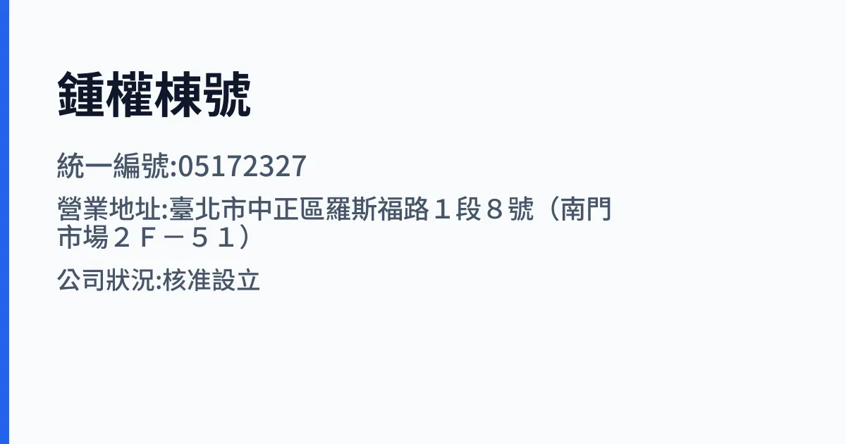 鍾權棟號 - 統編 05172327(臺北市) 公司登記資料與營業項目詳細圖表