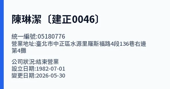 陳琳潔〔建正0046〕的照片-統編 05180776(臺北市) 公司登記資料與營業項目詳細圖表