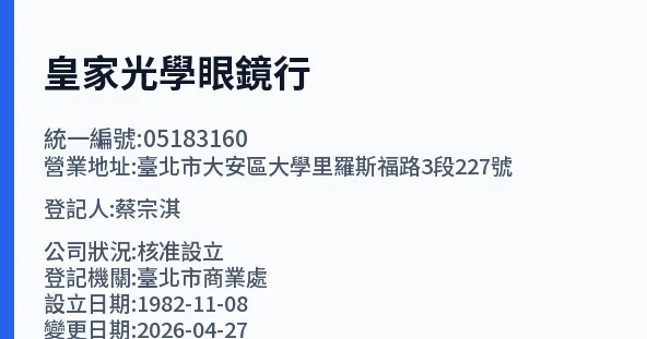 皇家光學眼鏡行的照片-統編 05183160(臺北市) 公司登記資料與營業項目詳細圖表